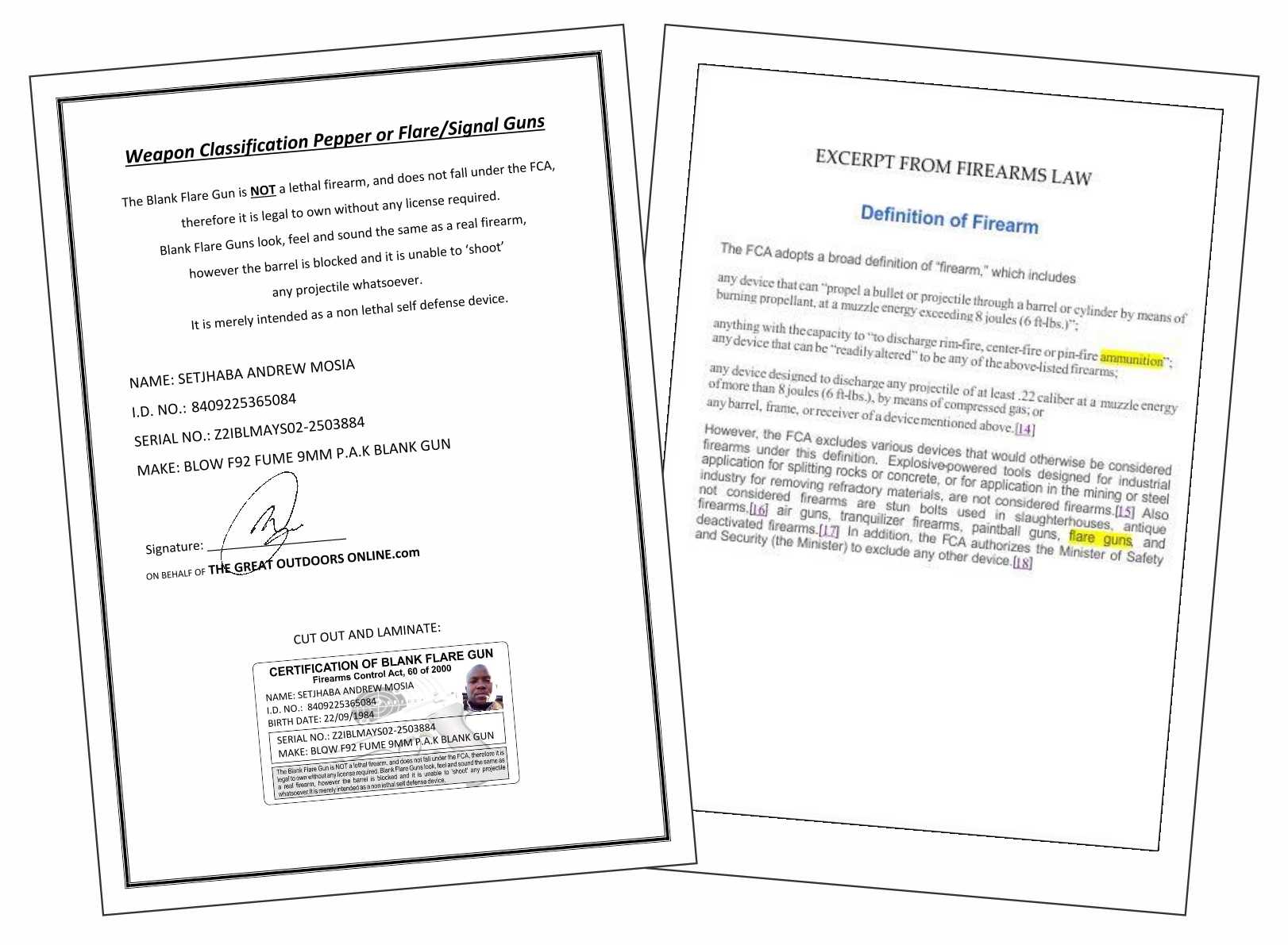 Blank Gun Certification License card - The Great Outdoors Online